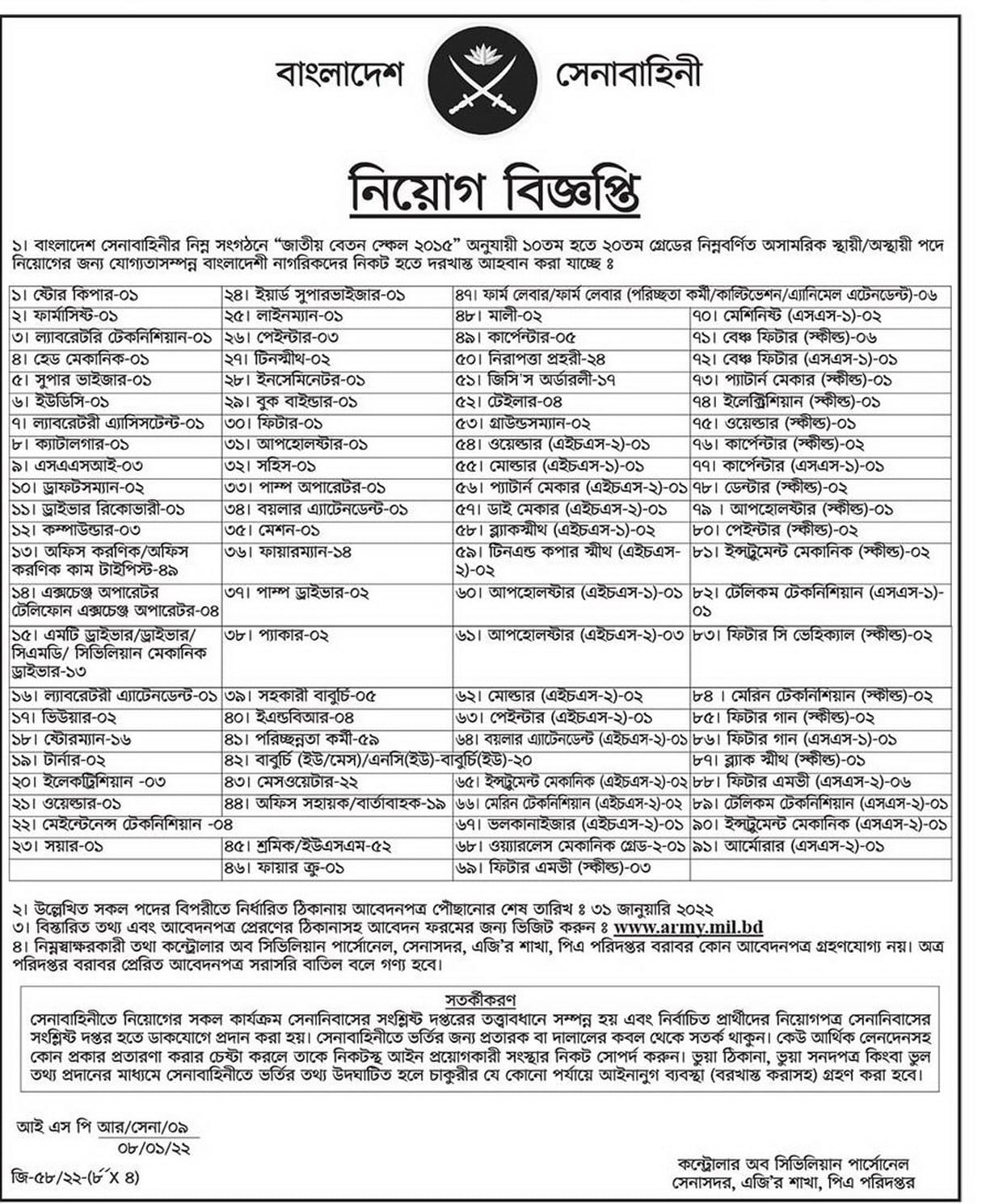 Bangladesh Army Civil Job Circular 2025 - Eduresultbd.com