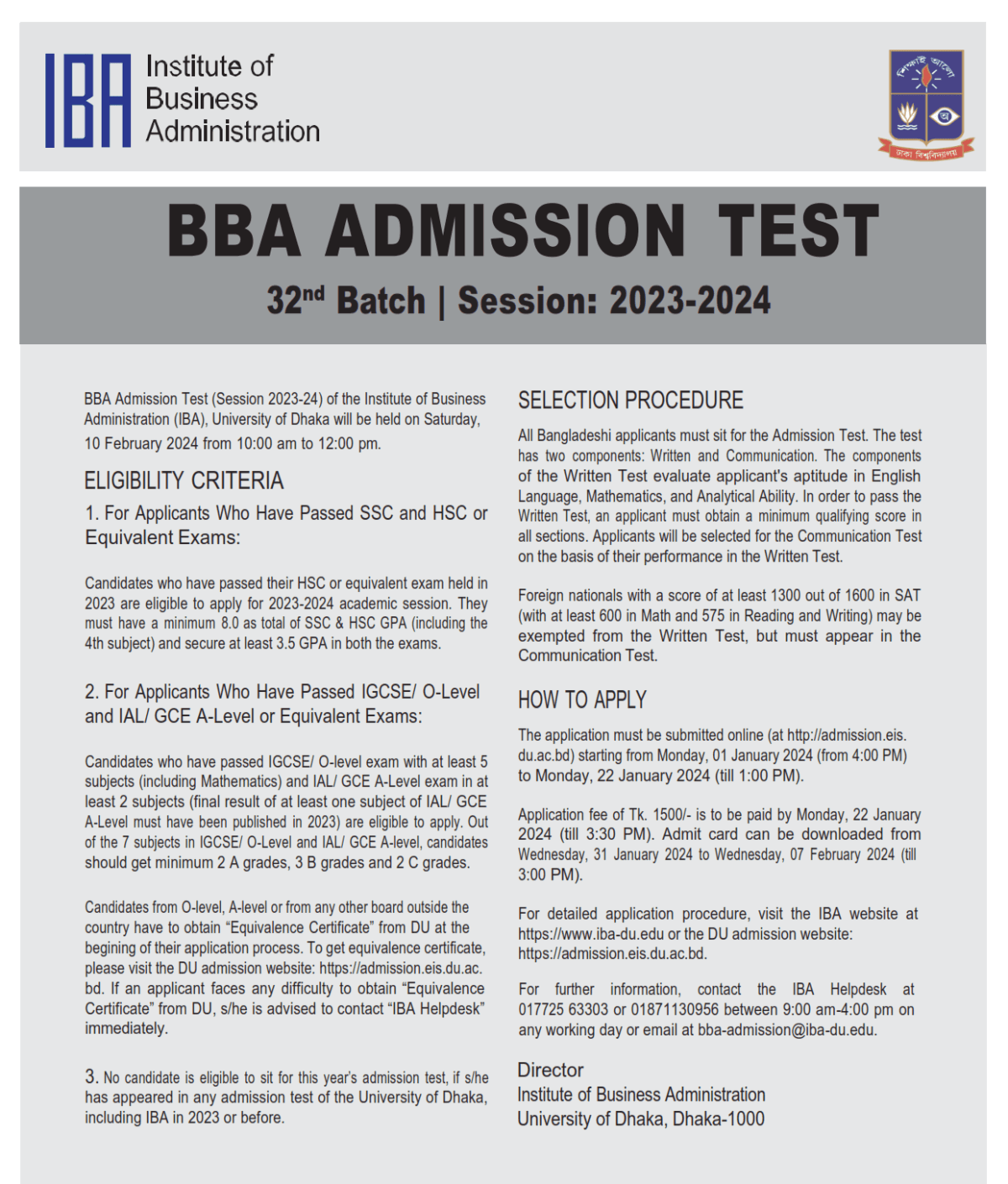 DU IBA BBA Admission Circular & Result 2024-25