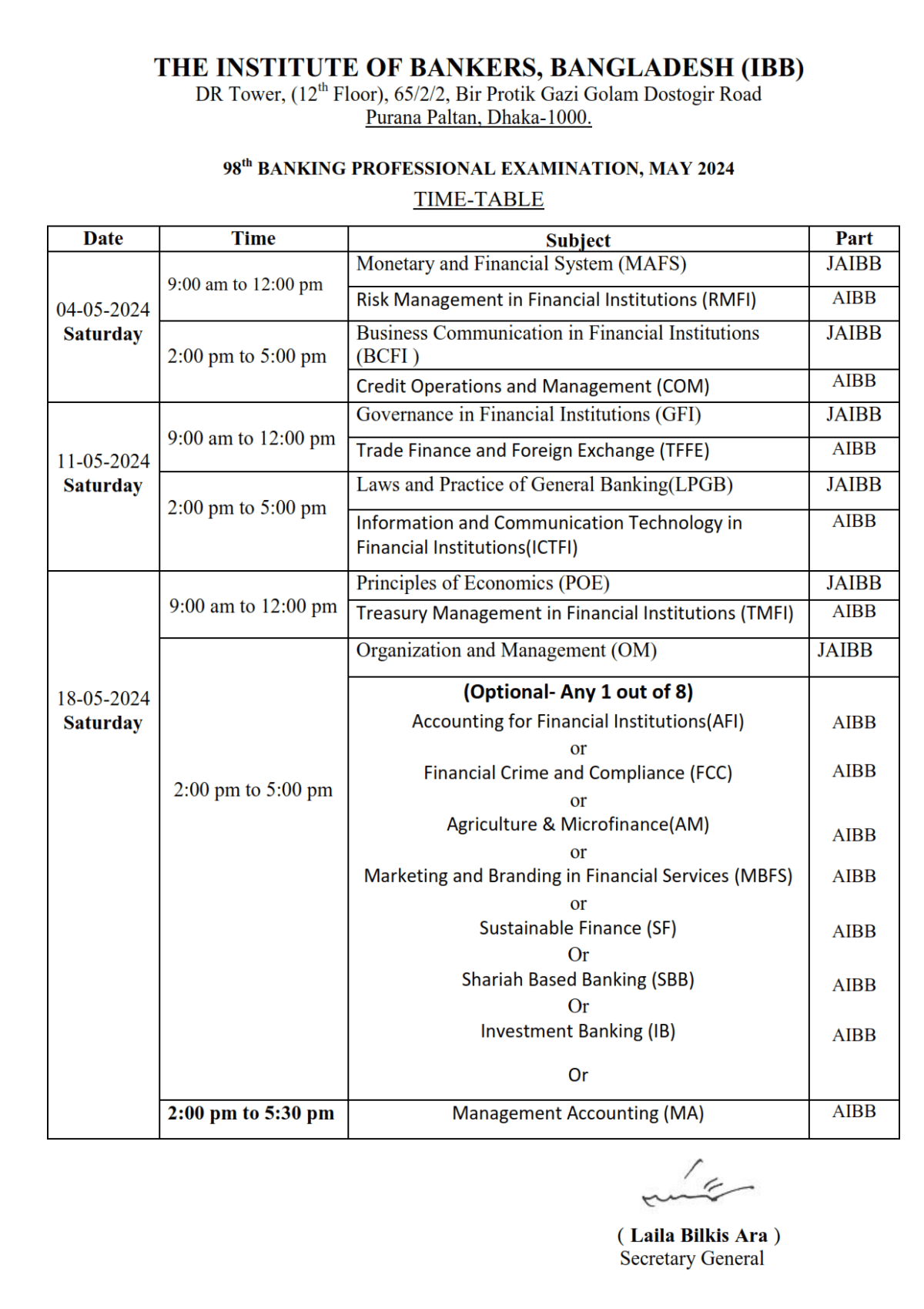 Banking Diploma (Professional) Exam Routine & Result 2024