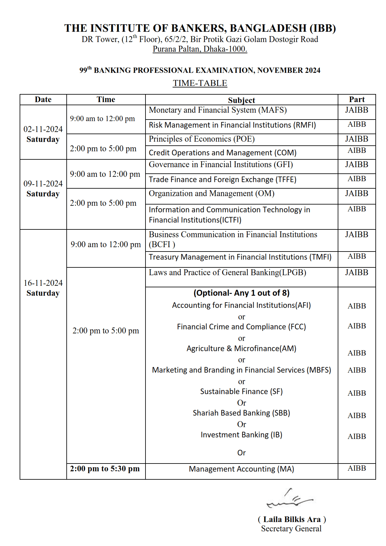 Banking Diploma (Professional) Exam Routine & Result 2024